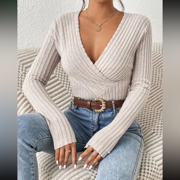 Tops | Boho Surplice Neck Ribbed Knit Top | Poshmark
